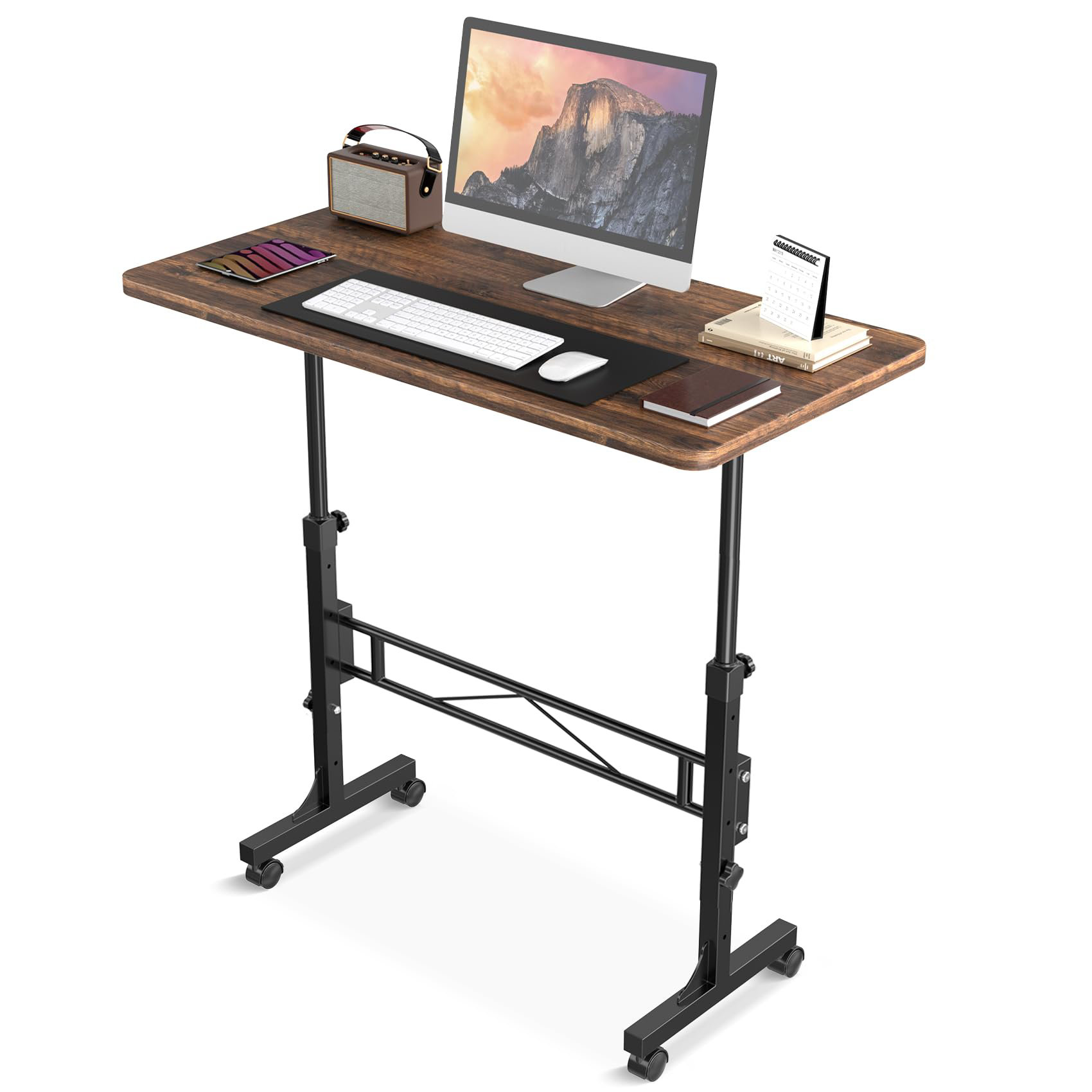 Small Standing Desk Adjustable Height Mobile Stand Up Desk with Wheels Portable Laptop Desk Standing Table Rustic Inbox Zero
